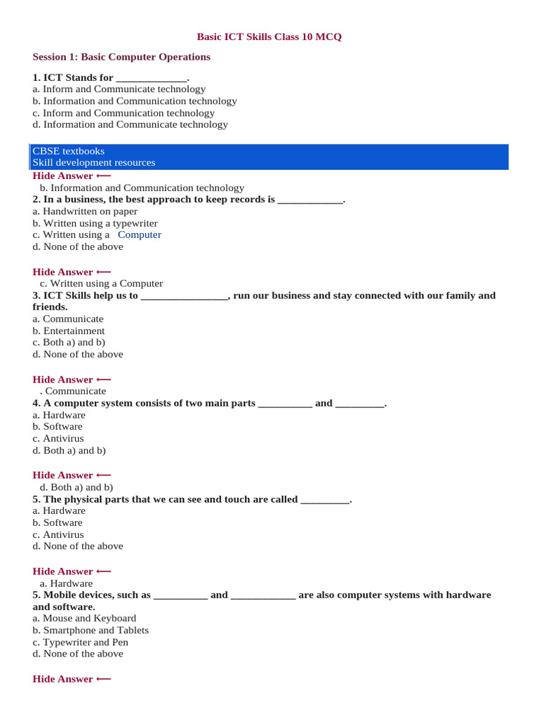 Class 10 ICT Skills MCQ Guide | PDF | Computer Virus | Computer File