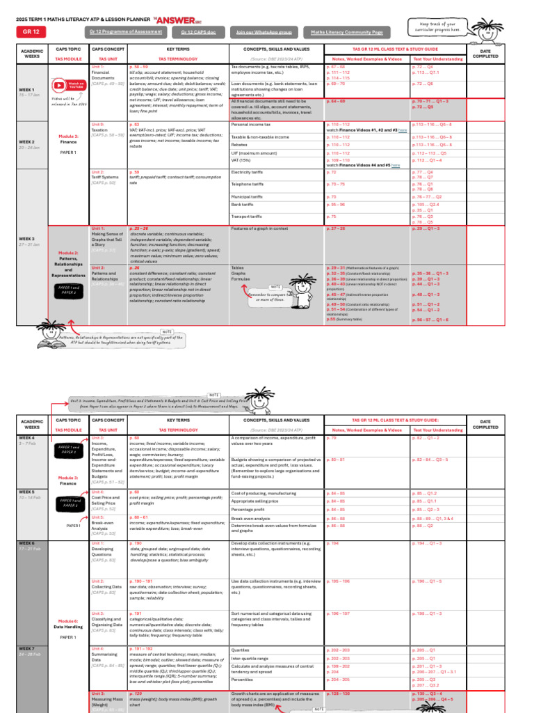 2025 Term 1 Maths Literacy Planner | PDF