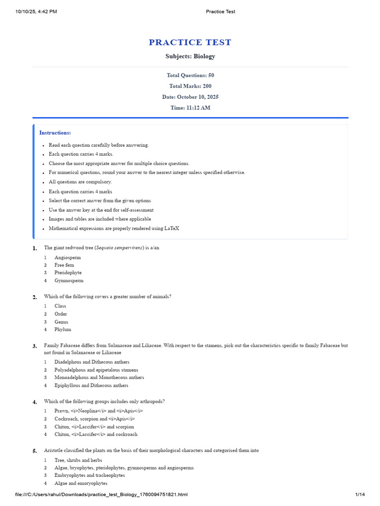 05 Morphology of Flowering Plants - Practice Test | PDF | Flowers | Leaf