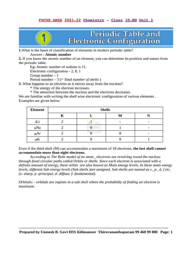 Hsslive Class 10 Chemistry Focus Notes 2022 Unit 1 em | PDF | Atomic ...