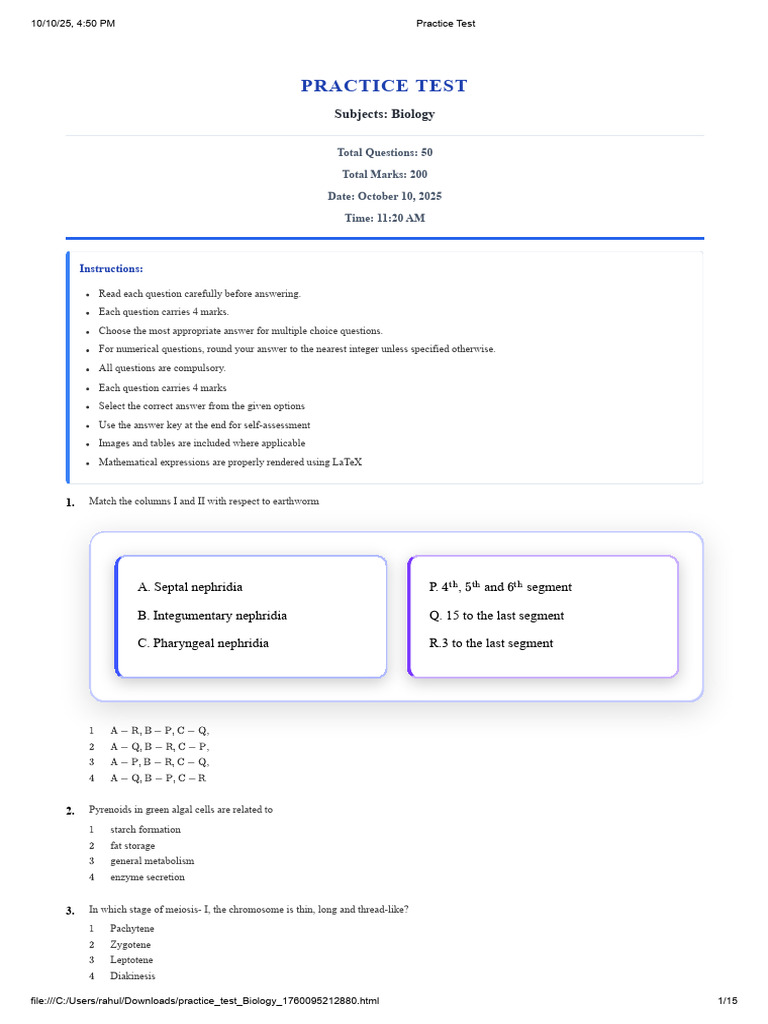 Biology Practice Test with 50 Questions | PDF | Mitosis | Meiosis