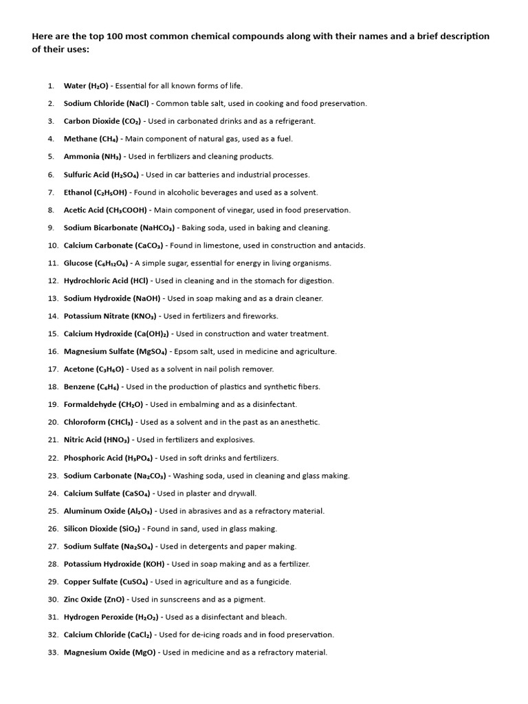 Top 100 Common Chemical Compounds | PDF | Magnesium | Diet & Nutrition