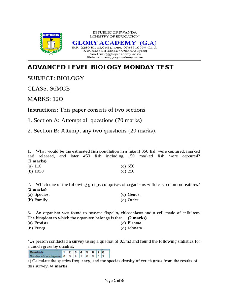 Biology Monday Test 1 2025 | PDF | Cell (Biology) | Tissue (Biology)