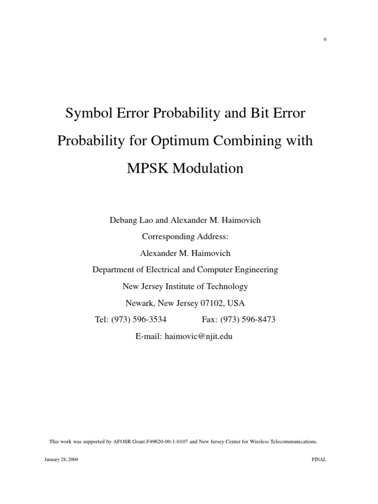 Symbol Error Probability and Bit Error Probability For Optimum Combining With MPSK Modulation ...