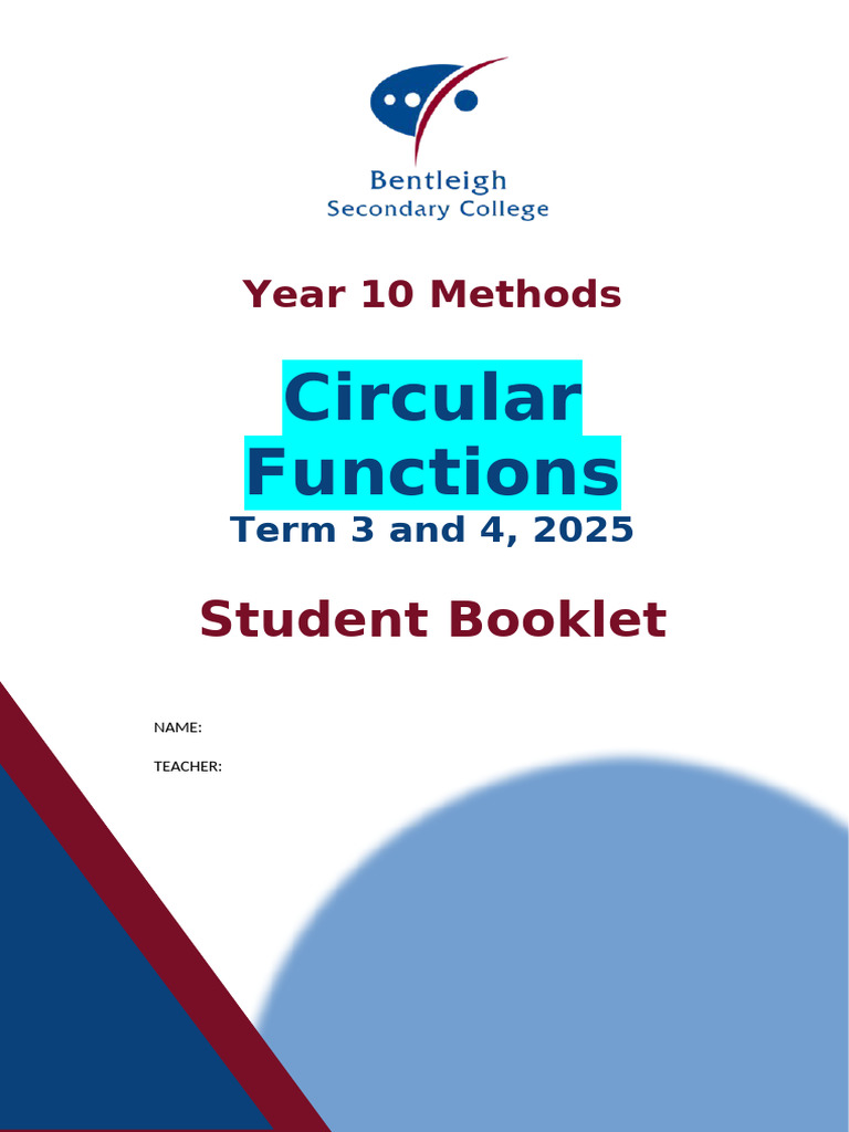 10MAM Circular Functions Booklet 2025 Rev A | PDF | Trigonometric Functions | Circle