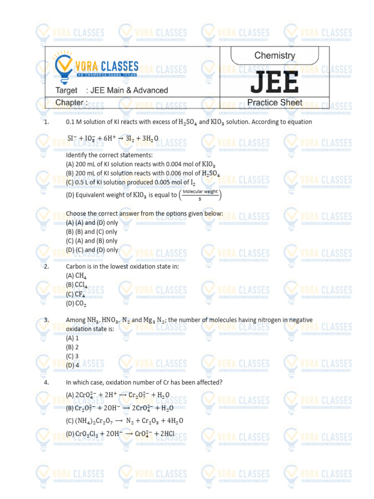 Practise Sheet Level 1 Redox Reactions | PDF | Redox | Scientific Phenomena