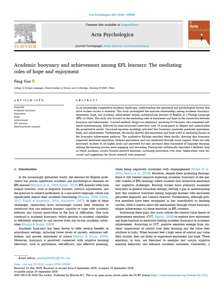 Academic Buoyancy in EFL Learners | PDF | Emotions | Learning