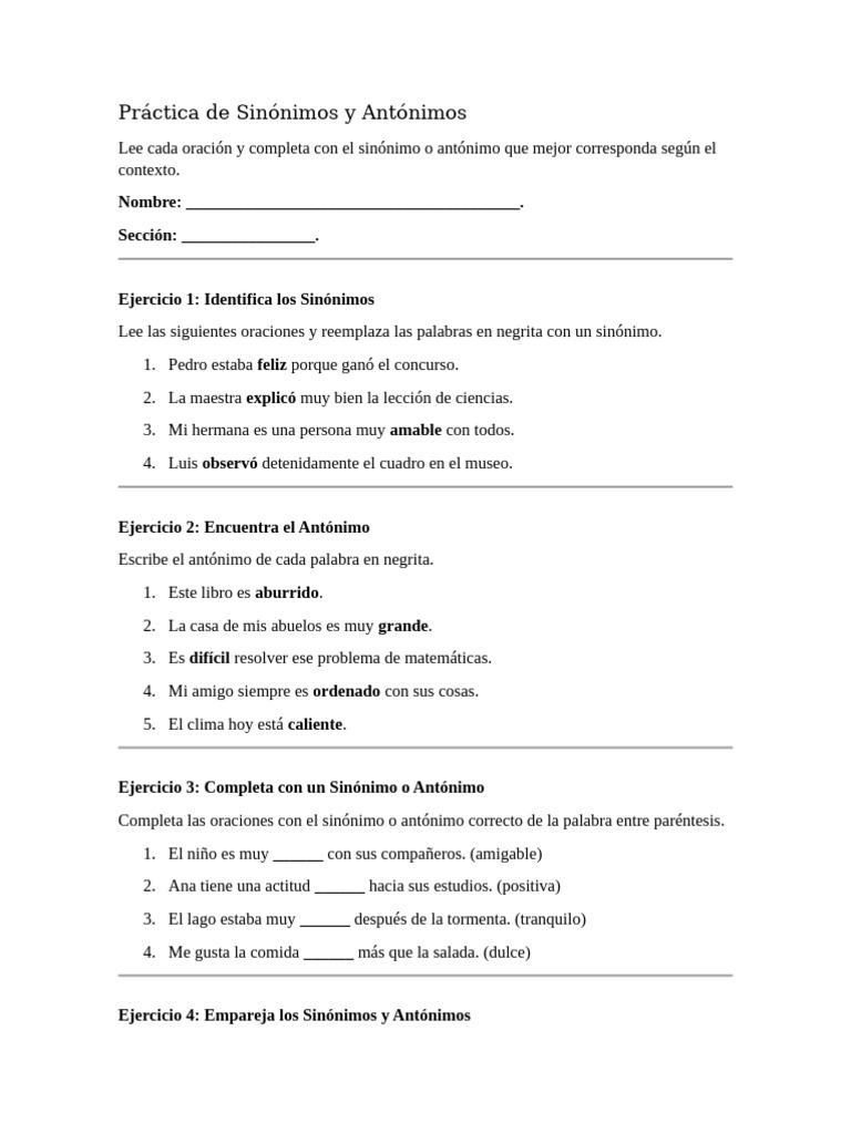 Práctica de Sinónimos y Antónimos | PDF