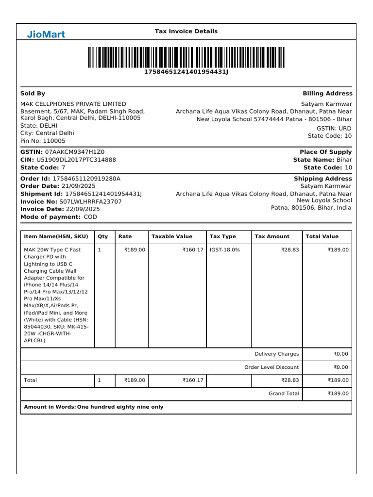 iPhone Charger Invoice from JioMart | PDF | Apple Inc. Hardware | Apple ...