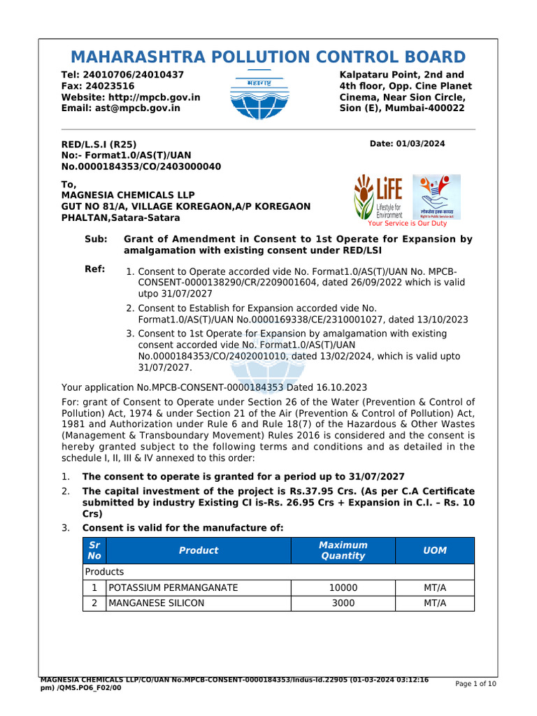 Magnesia MPCB Consent 31.07.2027 | PDF | Waste | Waste Management