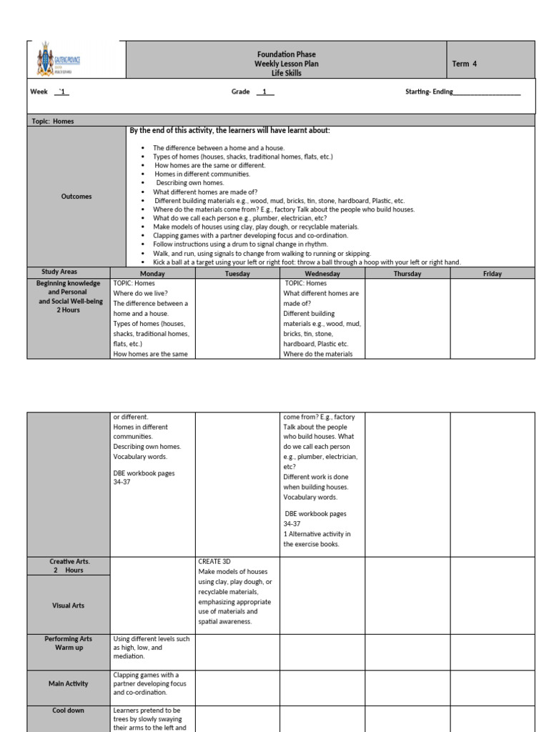 Grade 1 Life Skills: Homes Lesson Plan | PDF | Learning