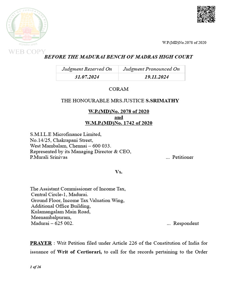 Madras HC Ruling on W.P.(MD)2078/2020 | PDF | Taxes | Indian Black Money