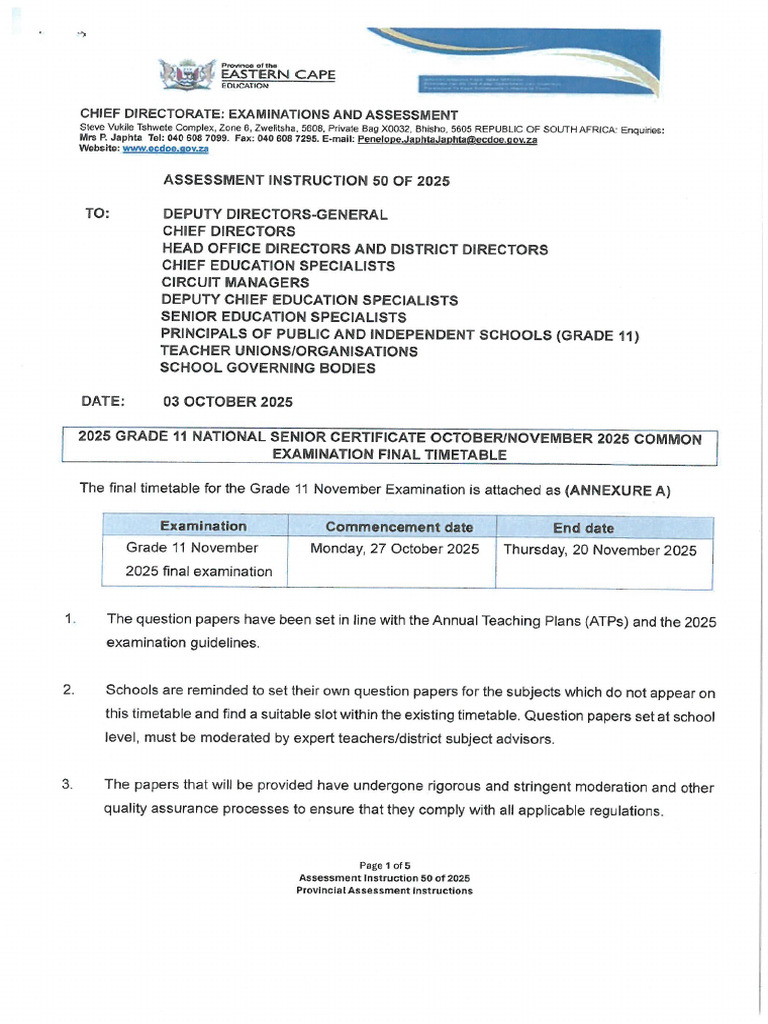 Grade 11 Final Time Table | PDF