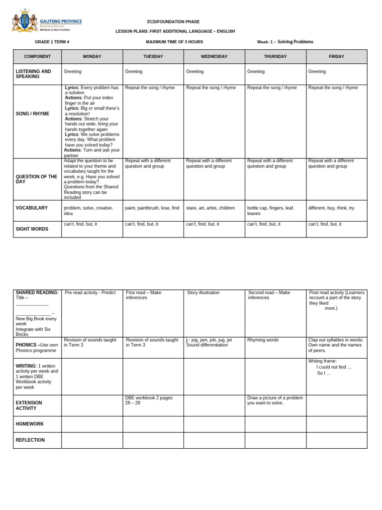 Lesson Plans EFAL Grade 1 Term 4 | PDF | Phonics | Rainbow