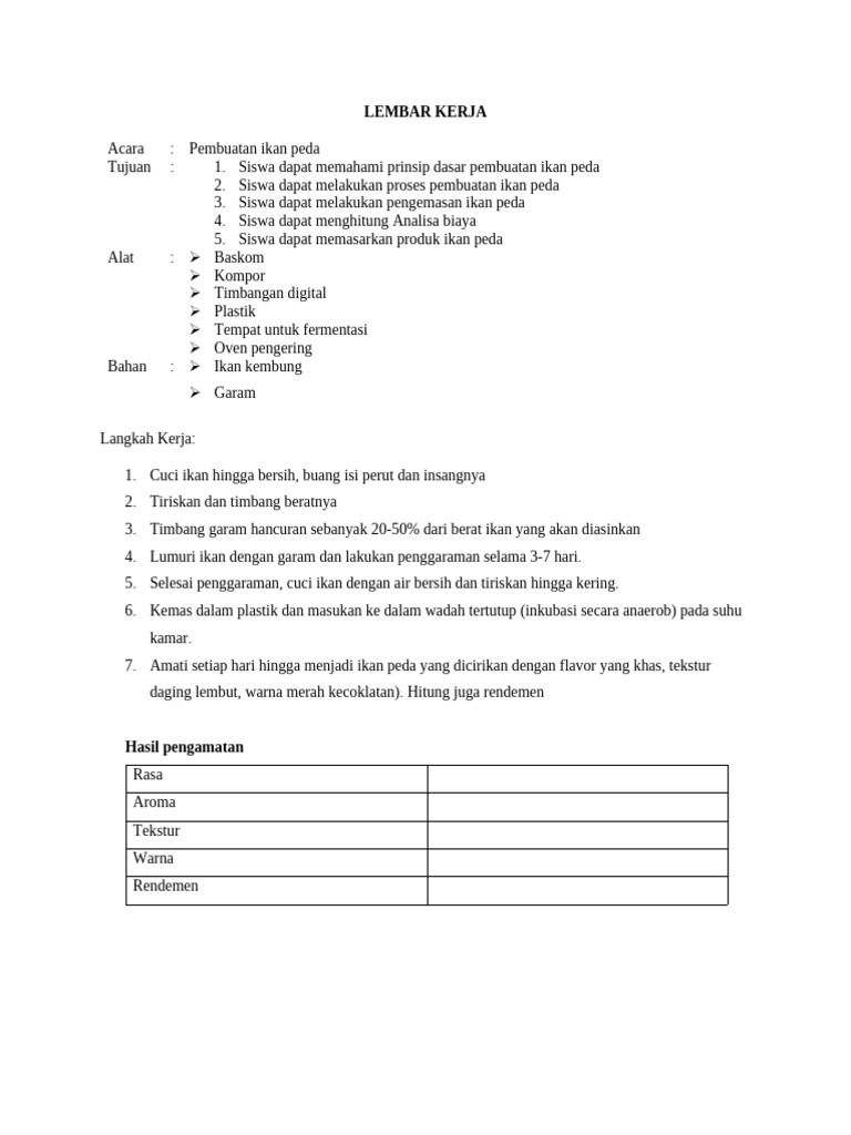 Lembar Kerja Pembuatan Ikan Peda | PDF