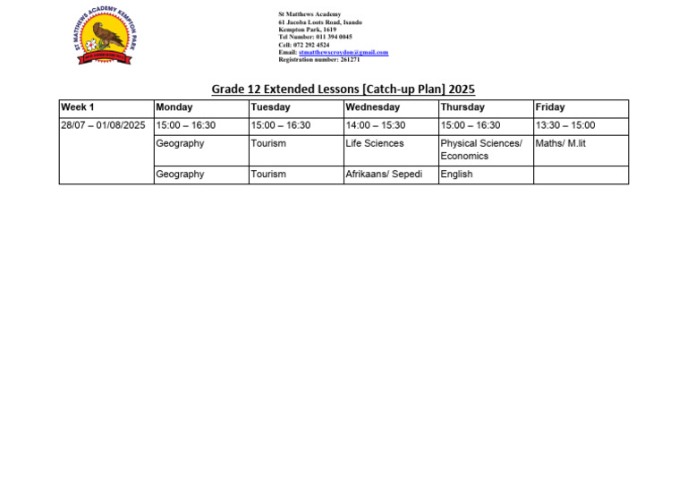 St Matthews Academy Grade 12 Catch-up Plan | PDF