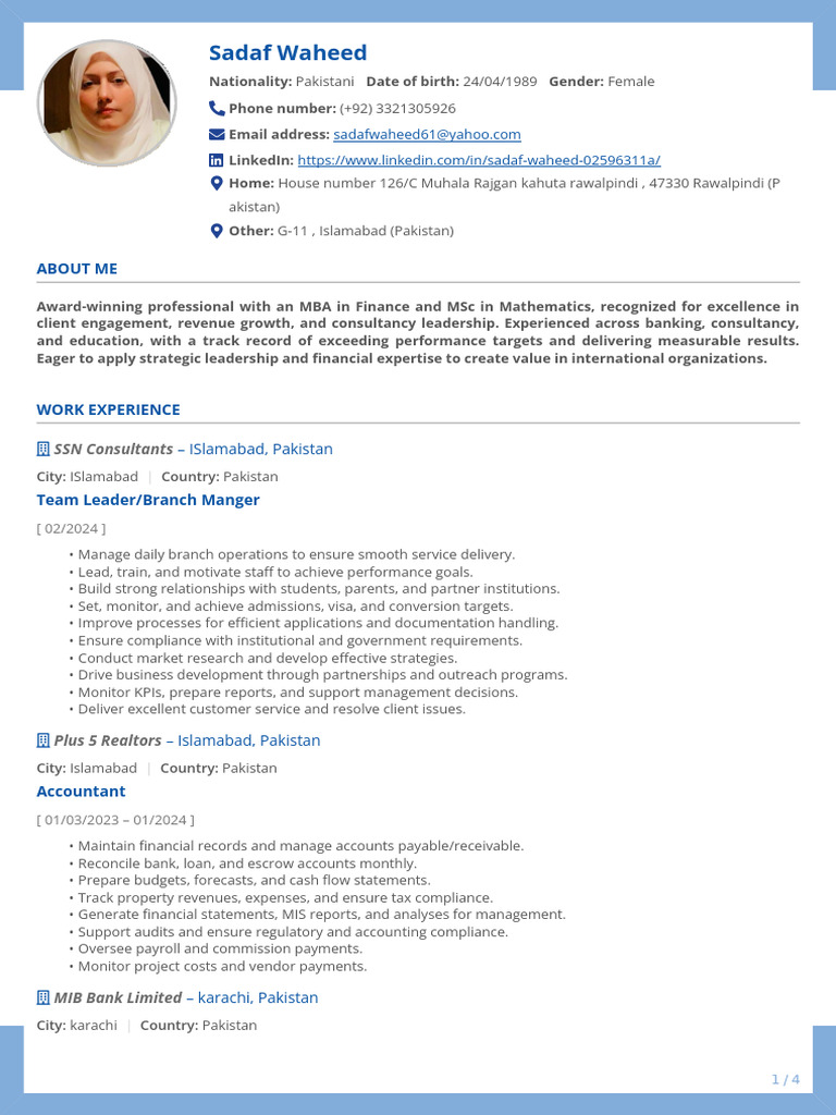 Sadaf Waheed - Updated CV | PDF | Pakistan | Karachi