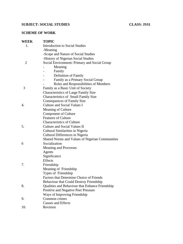Jss1 Sos FST Scheme of Work | PDF