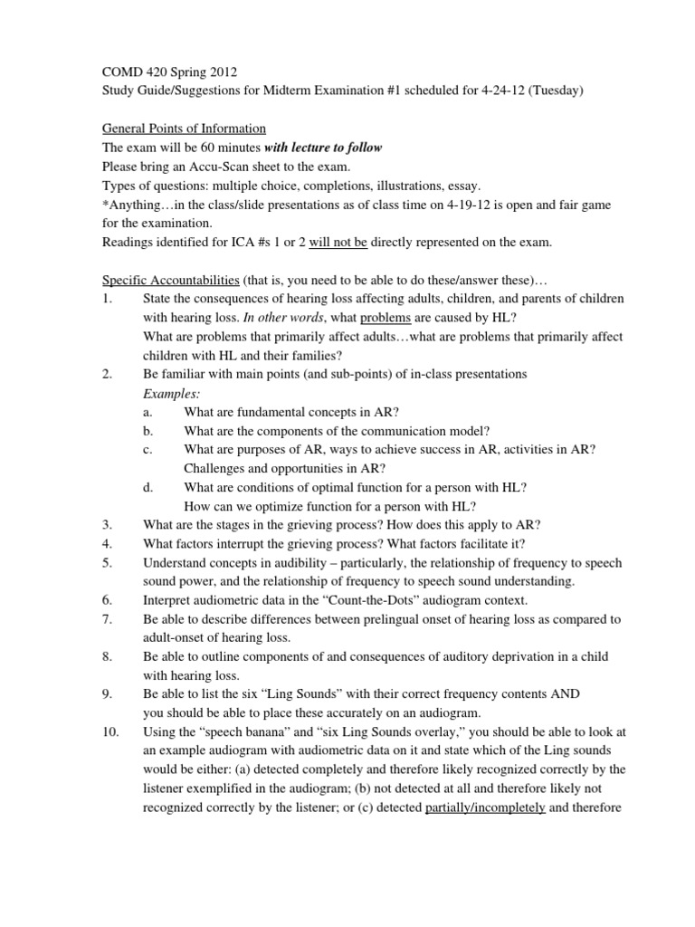 COMD 420 Midterm Exam Study Guide | PDF | Hearing Loss | Hearing