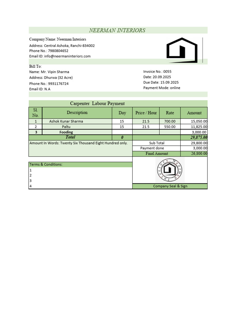 Neerman Interiors Invoice #0055 Details | PDF