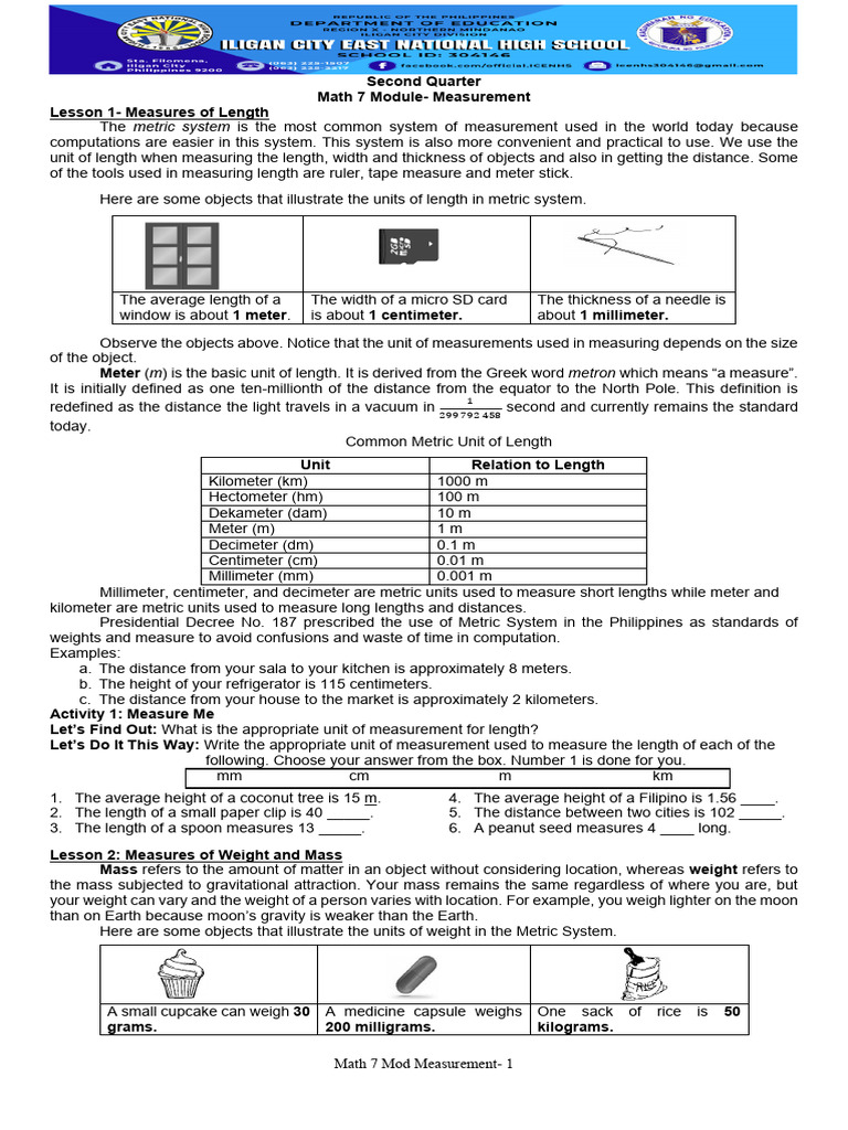 Math 7 Measurement: Length, Weight, Volume | PDF | Weight | Kilogram
