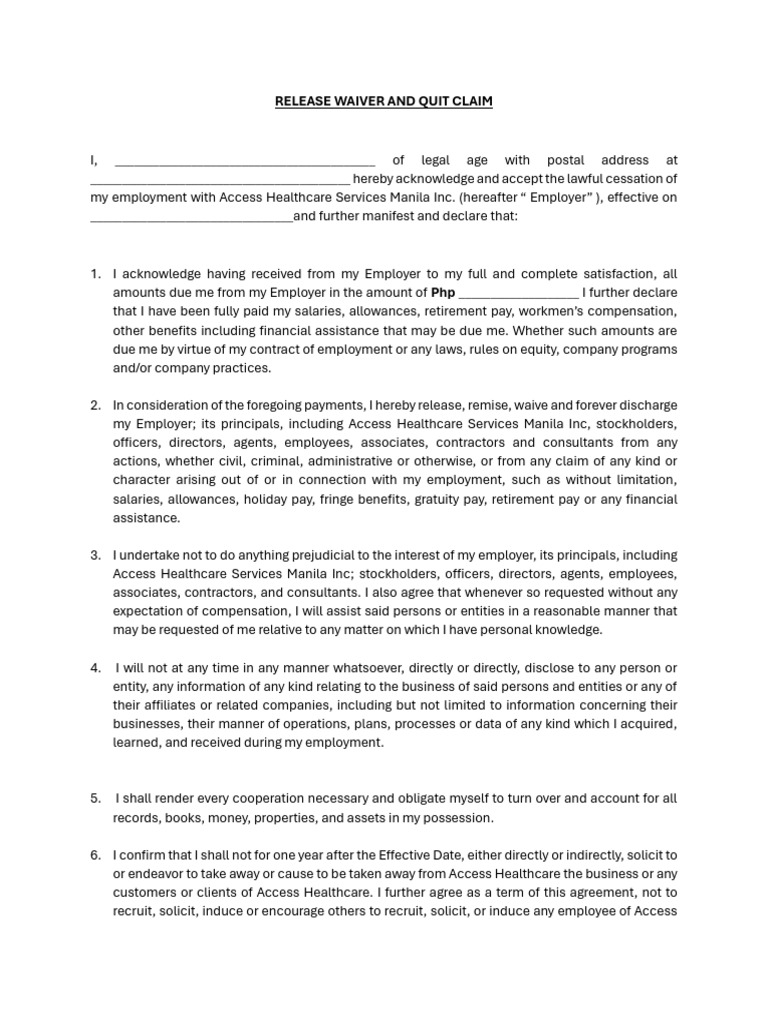 Release Waiver and Quit Claim | PDF | Employment | Common Law
