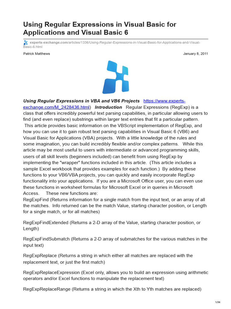 Using Regular Expressions in VBA & VB6 | PDF | Regular Expression | Visual Basic For Applications