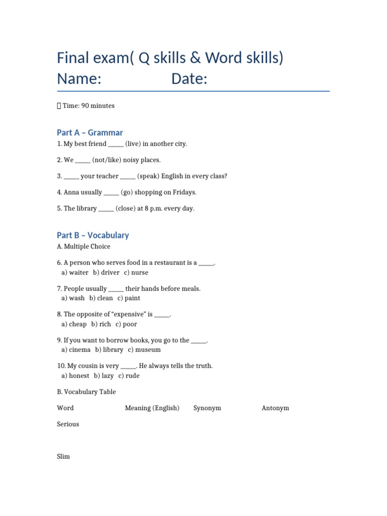 Final Exam: Grammar and Vocabulary Skills | PDF