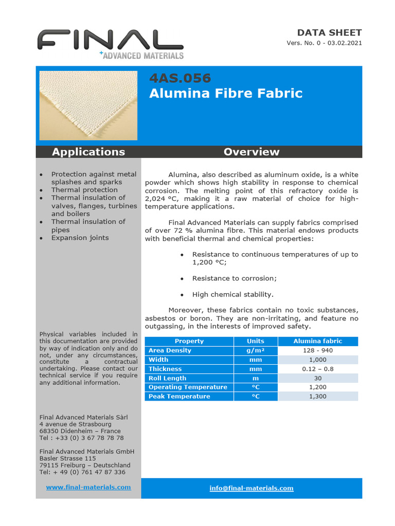 Alumina Fibre Fabric Data Sheet | PDF | Aluminium Oxide | Refractory