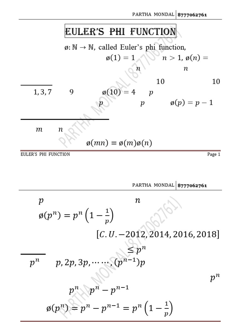 Notes Eulers Phi Function Pdf Prime Number Numbers