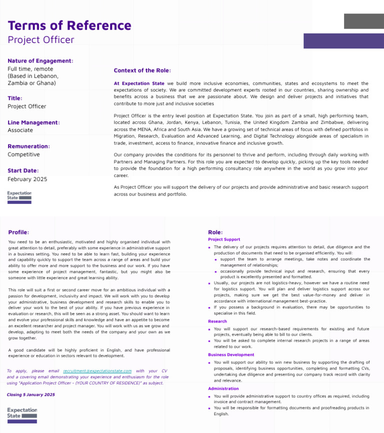 Terms of Reference - Project Officer Expectation State Dec 2025 | PDF ...