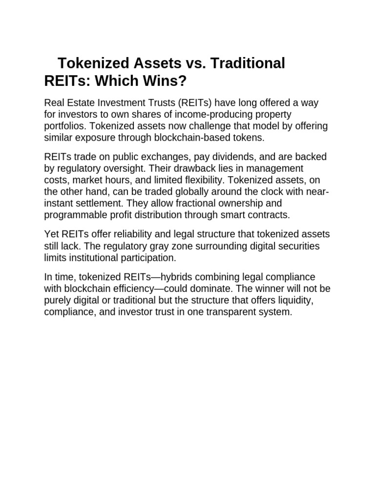 Tokenized Assets Vs Traditional REITs | PDF