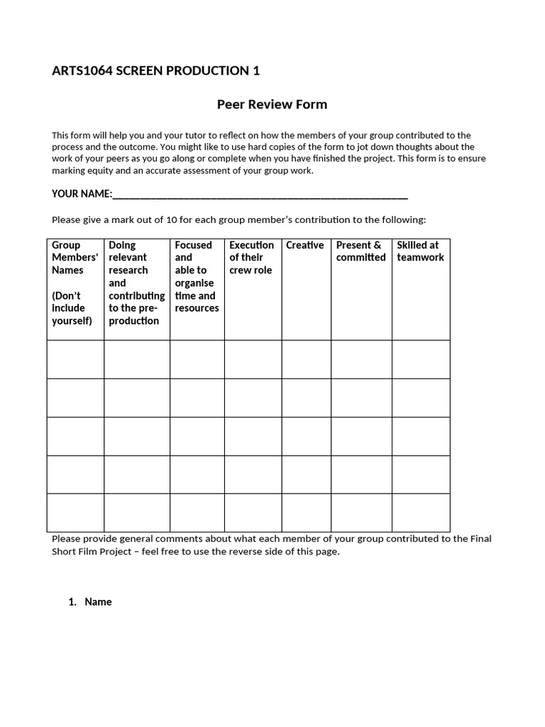 Peer Review Form for Screen Production | PDF