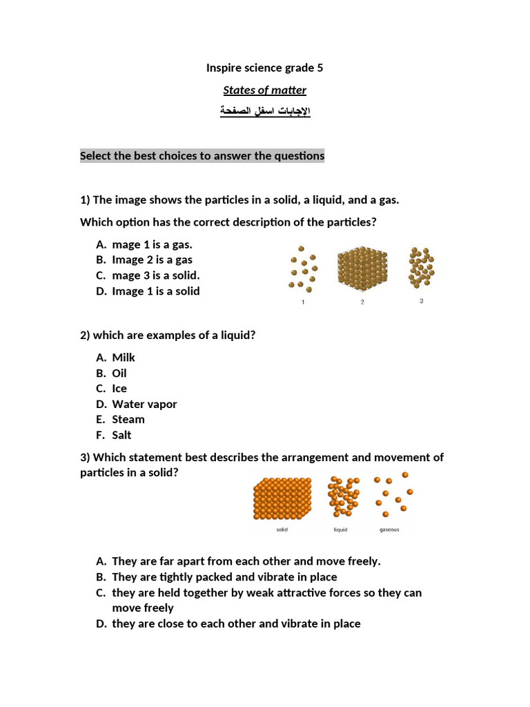 Grade 5 Science: States of Matter Quiz | PDF | Gases | Liquids