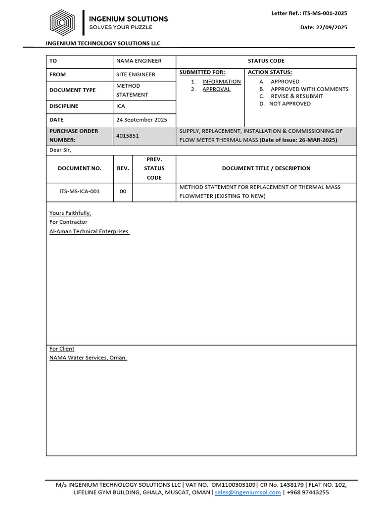 Method Statement for Flow Meter Replacement | PDF | Electrical ...