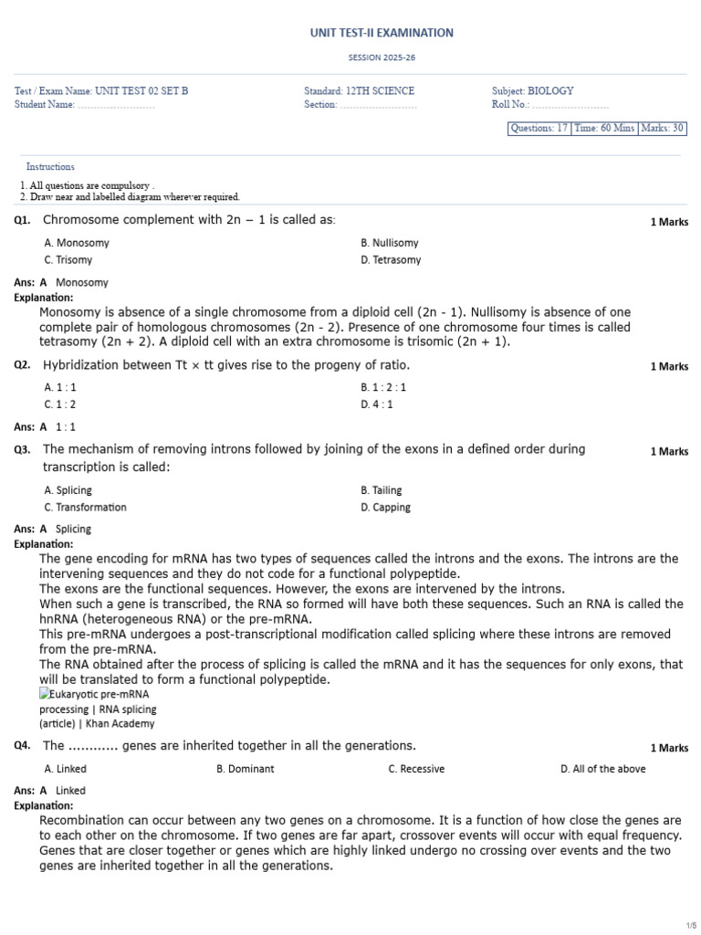 Unit Test 02 Set B-12th Science-biology-Answersheet | PDF | Gene ...