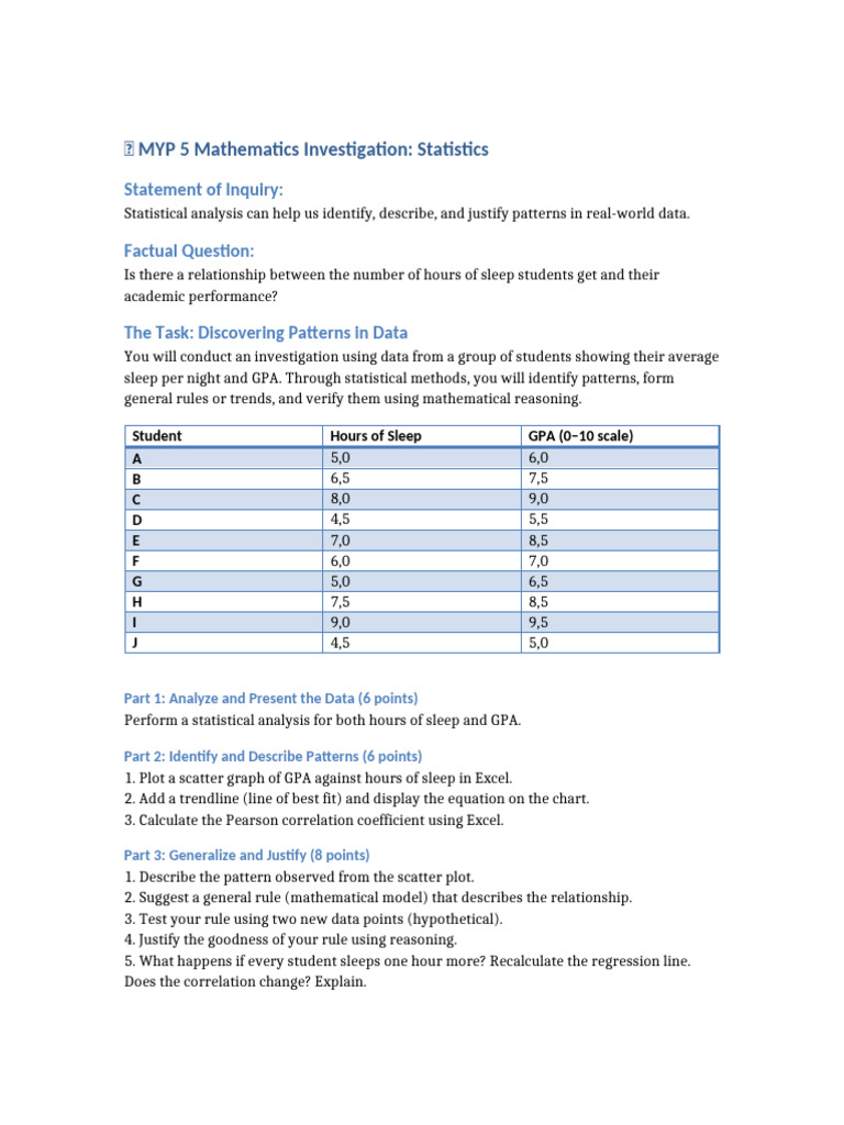 MYP5 Statistics Investigation CriterionBD Students May25 | PDF ...