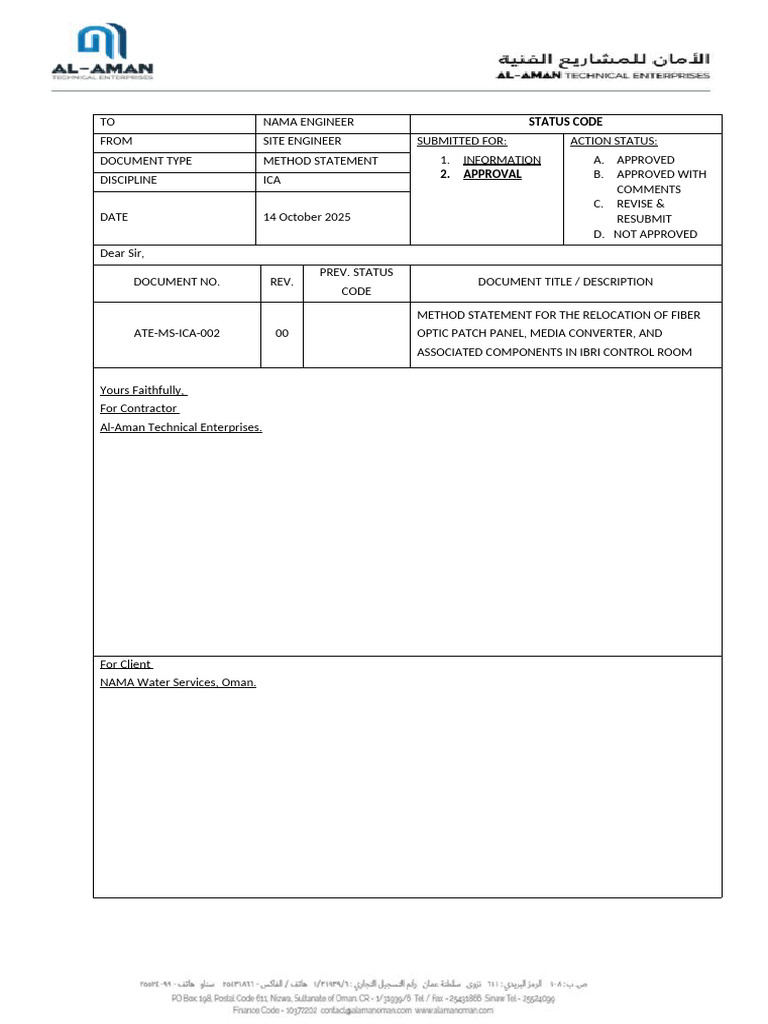 Method Statement For Relocation of Patch Panel in IBRI Control Room ...