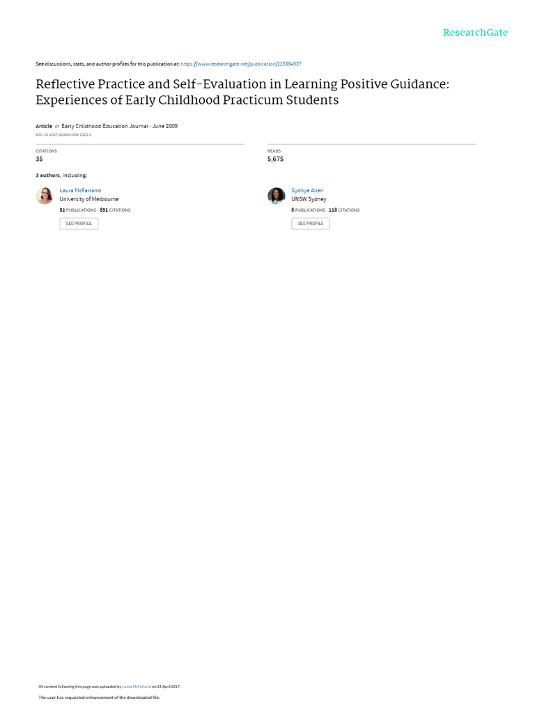 Re Ective Practice and Self-Evaluation in Learning Positive Guidance: Experiences of Early ...