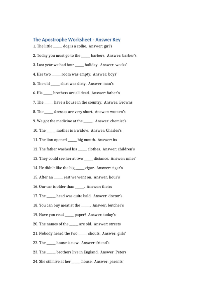 Apostrophe Worksheet Answer Key | PDF