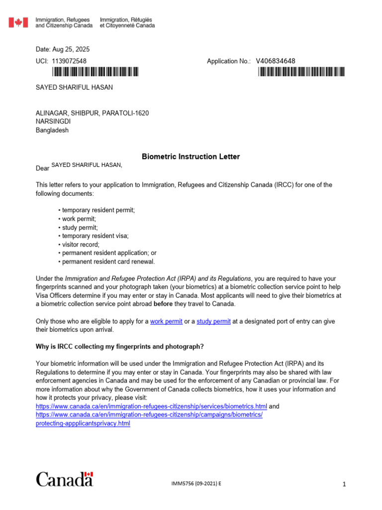 Sayed Shariful Hasan Biometric Instruction Letter | PDF | Immigration ...