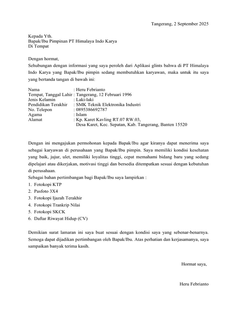 Surat Lamaran Kerja Heru Febrianto | PDF