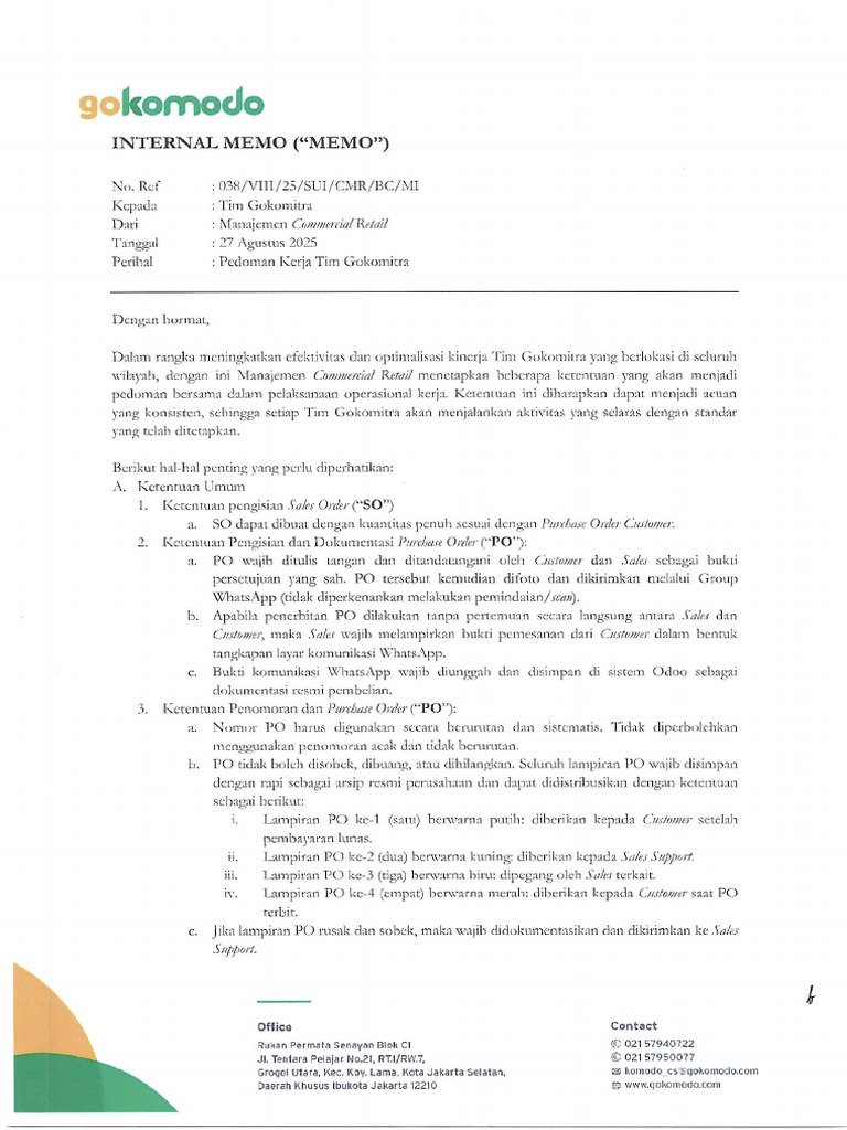 Internal Memo - Pedoman Kerja Tim GokoMitra | PDF