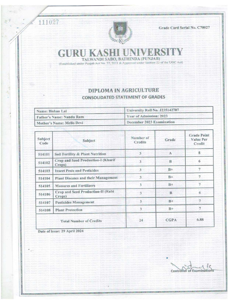 Bishan Dipl Marksheet | PDF