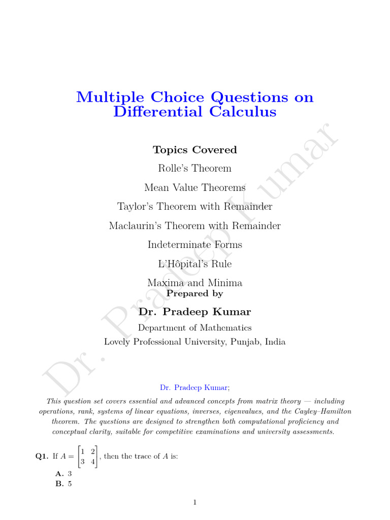 200mulitiple Choice Question | PDF | Eigenvalues And Eigenvectors ...