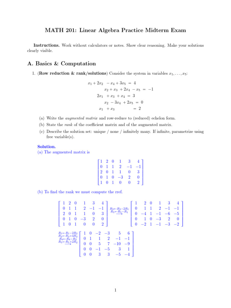 Linear Algebra Midterm Exam Practice | PDF | Linear Subspace | Basis ...