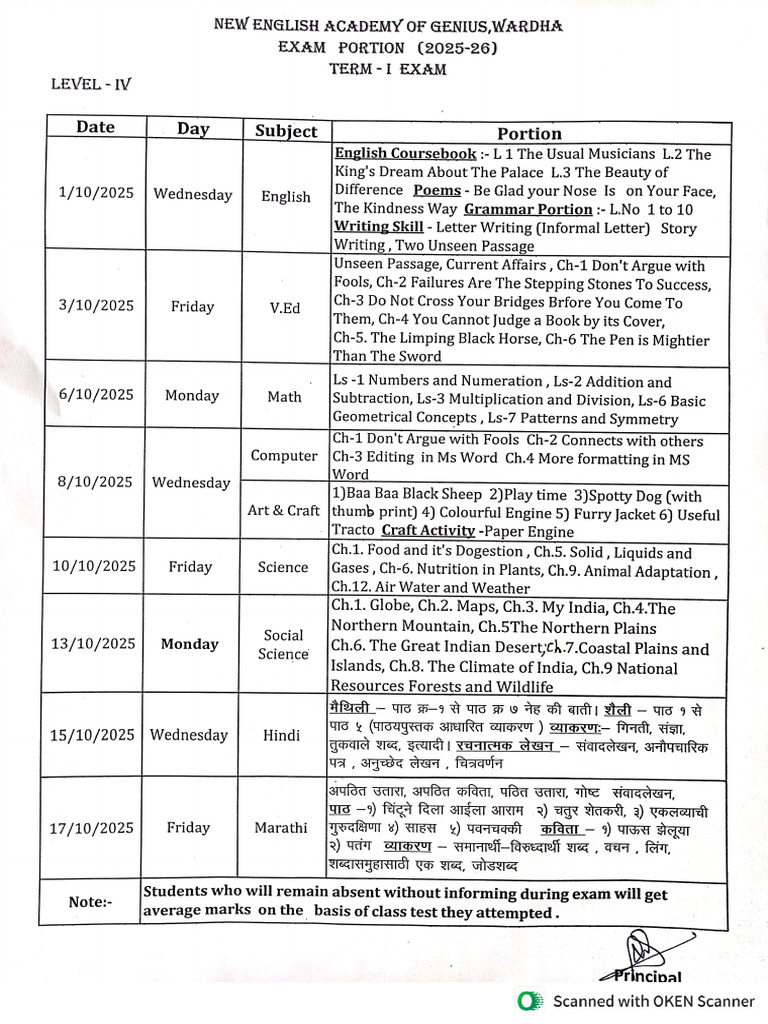 Class IV Term - I Timetable (2025-26) | PDF