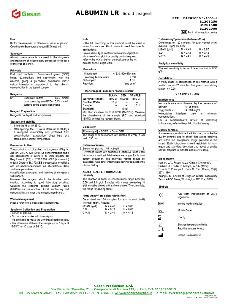 Albumin LR Liquid Reagent Kit | PDF | Blood Plasma | Detection Limit