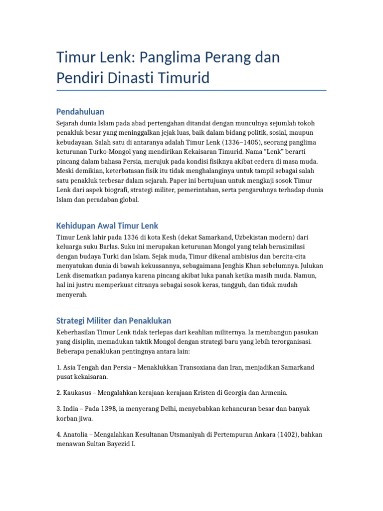 Timur Lenk: Penakluk dan Pelindung Seni | PDF