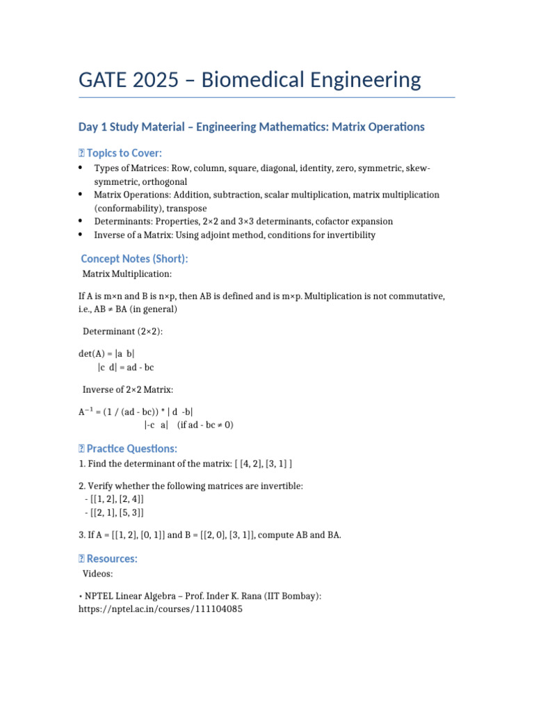 GATE 2025: Matrix Operations Guide | PDF